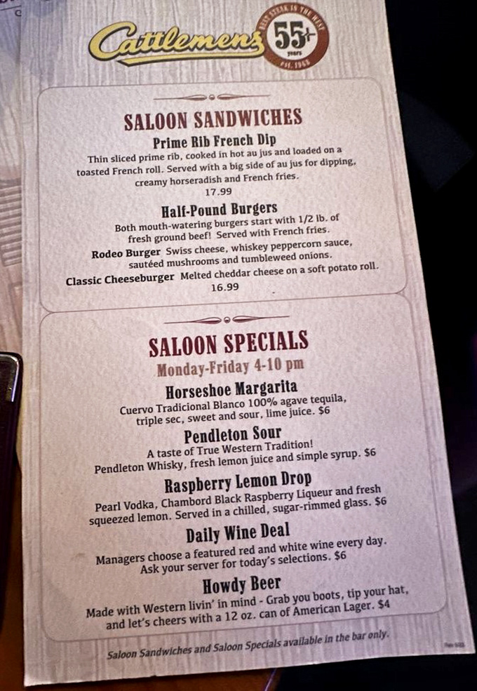 The menu doesn't mince words&mdash;it minces nothing. Half-pound burgers, Prime Rib French Dip, and cocktails with names like "Howdy Beer" tell you exactly where you stand.