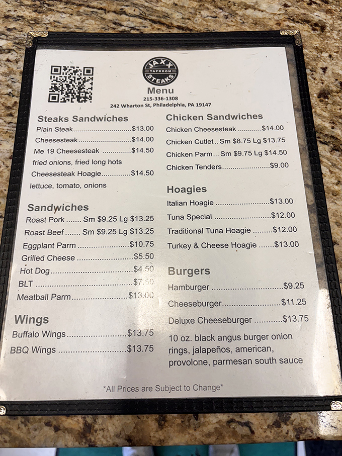 A menu that doesn't need a translator&mdash;just straightforward Philadelphia perfection with cheesesteaks, hoagies, and burgers taking center stage.