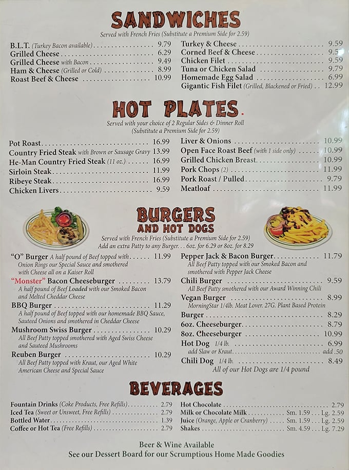 This isn't just a menu—it's a roadmap to happiness. Notice how "Monster Bacon Cheeseburger" sounds like a challenge worth accepting.