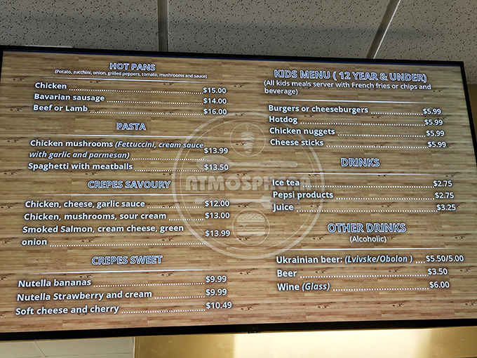 This menu board is like a roadmap to happiness. From Ukrainian classics to American favorites, it's a delicious United Nations of options.