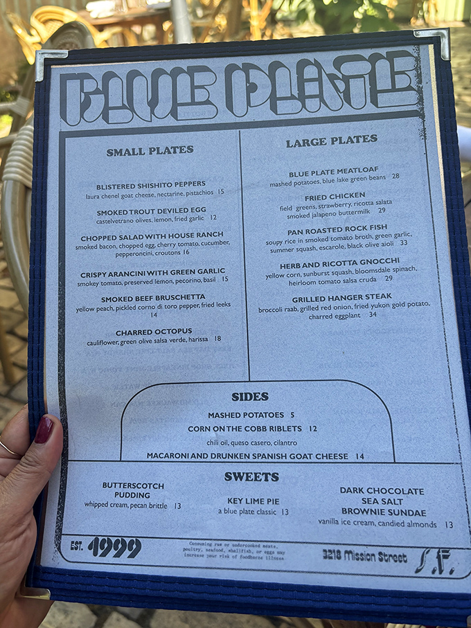 A menu that reads like a love letter to California comfort food—each dish promising its own little culinary revelation.