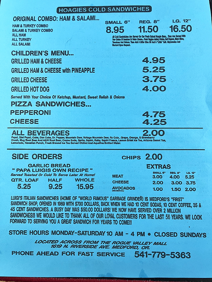 The menu tells Luigi's story in blue and white - cold sandwiches that have warmed hearts for generations.