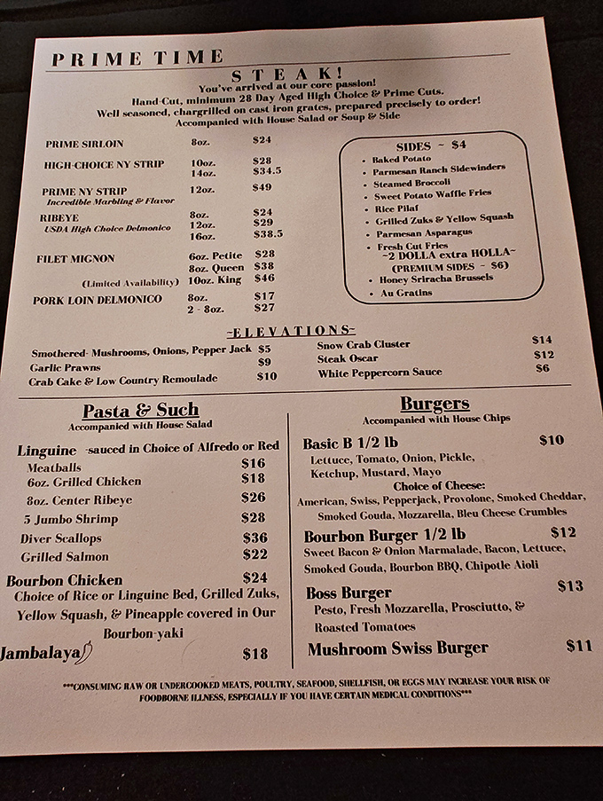 The menu reads like a love letter to carnivores, with each item promising a different path to delicious satisfaction.