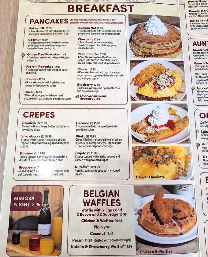 The menu that launched a thousand brunches. Each description promises a different pathway to breakfast bliss, from classic buttermilk stacks to crepes that would make a Parisian nod in approval. 