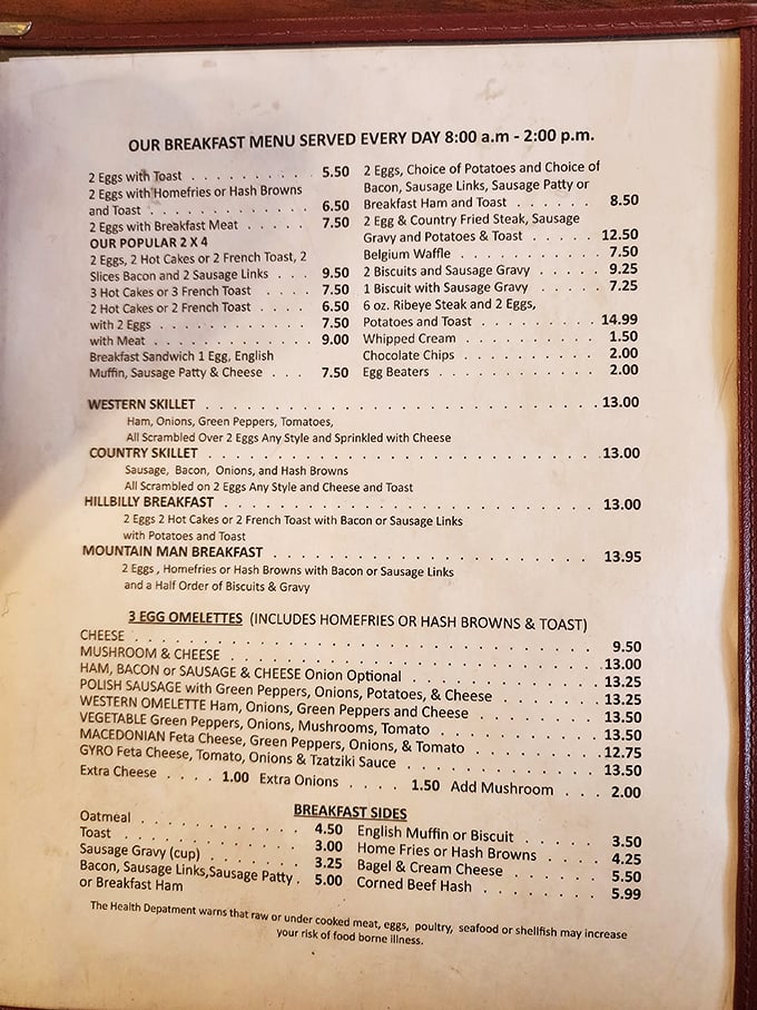 A breakfast menu that reads like a love letter to morning comfort food. The "Hillbilly Breakfast" isn't just a meal&mdash;it's an event.