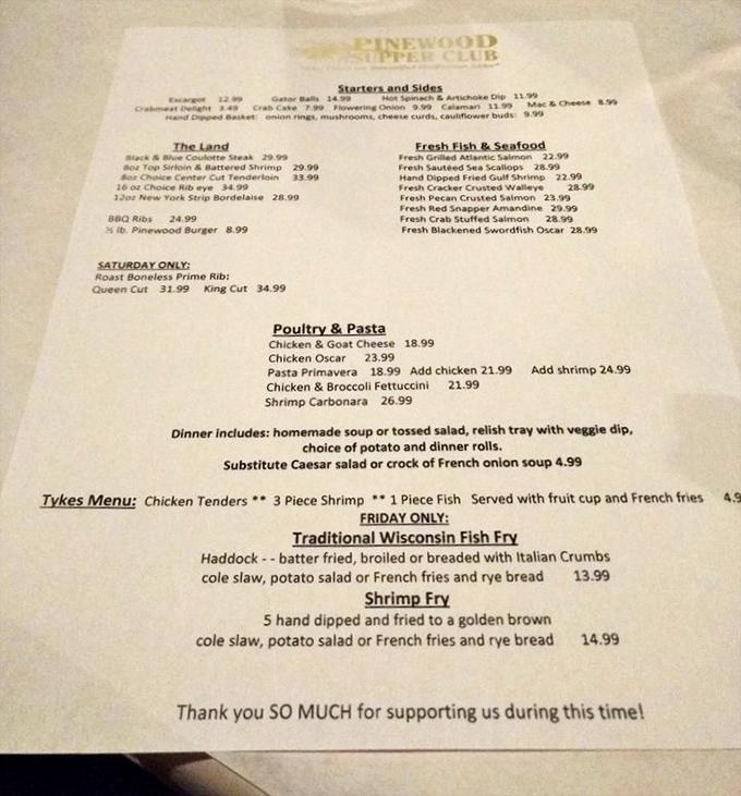 This menu isn't just a list of food—it's a roadmap to Wisconsin culinary bliss. Choose your own adventure, but don't skip the walleye.