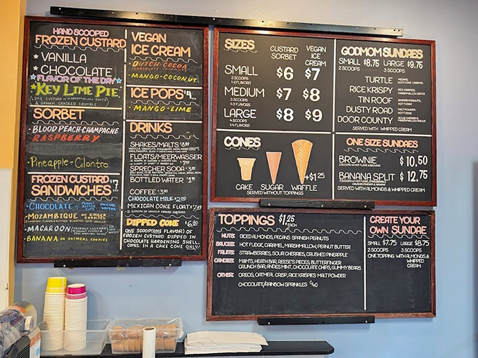 This chalkboard menu isn't just information—it's a roadmap to happiness with flavors that change daily and sundaes worth the drive.
