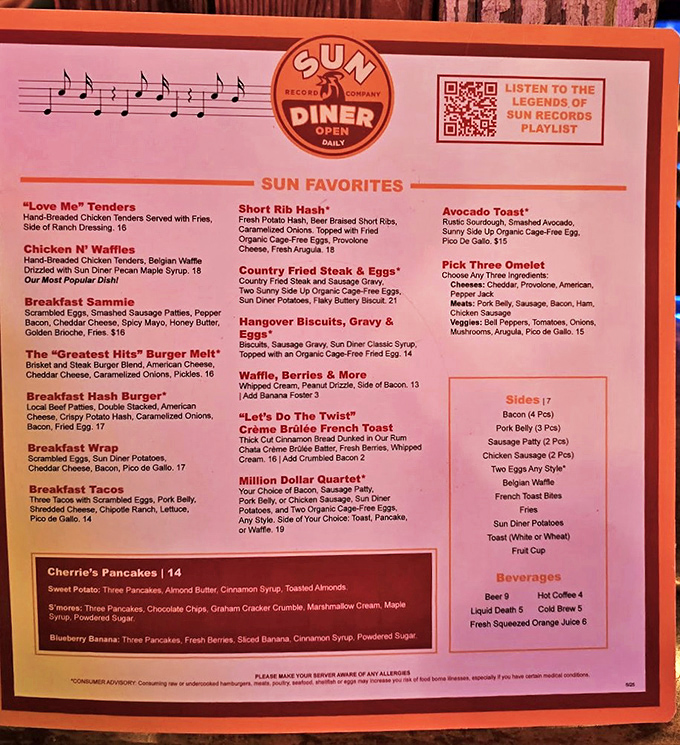 Sun Diner's menu reads like a greatest hits album of comfort food, where "Love Me Tenders" and "Let's Go to Twist" make ordering breakfast a musical experience.