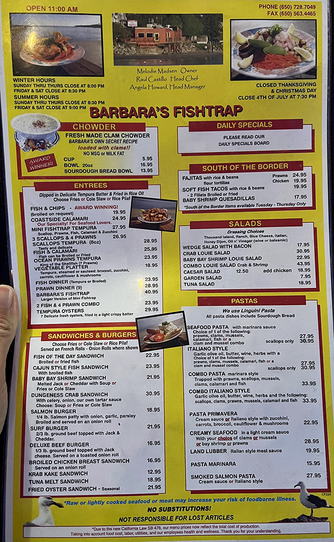 This menu isn't just a list&mdash;it's a maritime treasure map. The "NO SUBSTITUTIONS" warning at the bottom is the culinary equivalent of "abandon all diet plans, ye who enter here."