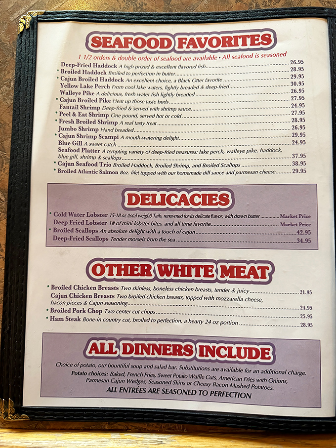 The menu reads like a love letter to Wisconsin dining traditions. Just looking at those seafood options makes my wallet open itself.