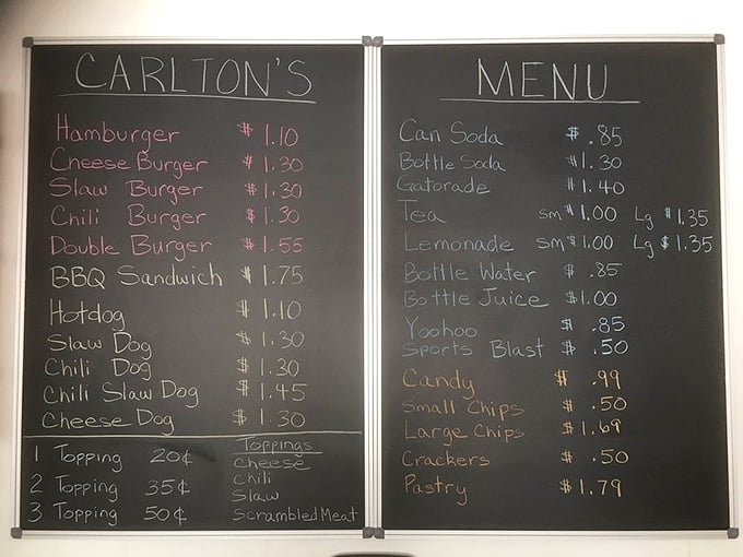 A chalkboard menu with prices that make you wonder if you've time-traveled back to the 1980s. Simplicity never tasted so good.