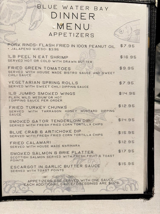 The appetizer menu reads like a love letter to Florida's waters. Smoked gator tenderloin dip? That's not tourist bait&mdash;that's the real deal.