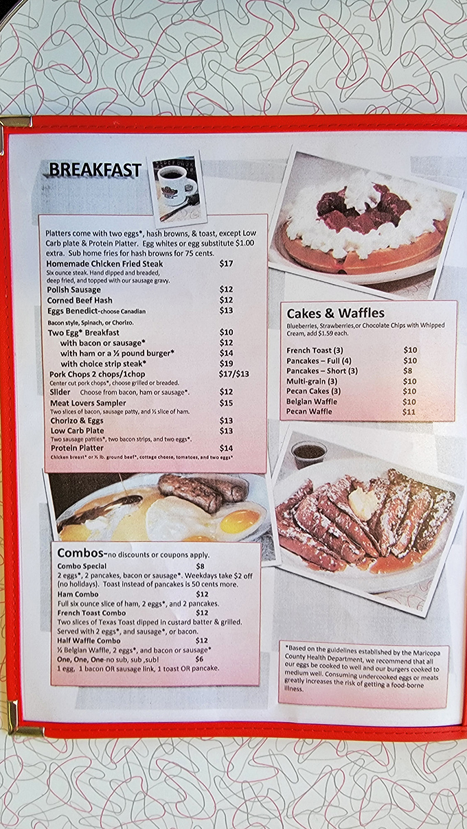 The breakfast menu reads like a love letter to morning indulgence&mdash;chicken fried steak, pecan waffles, and combos that laugh in the face of diets.