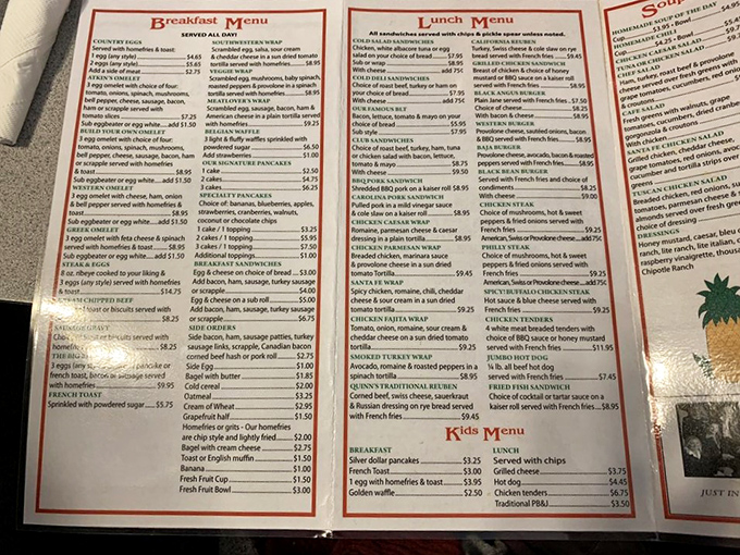 The menu at Quinn's reads like a love letter to traditional American breakfast, with every comfort food classic accounted for.