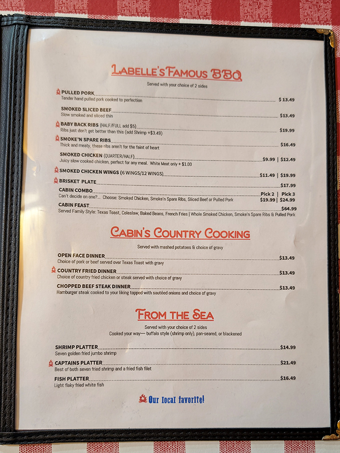 The menu reads like a love letter to smoked meats, with "LaBelle's Famous BBQ" headlining the romance. That flame icon? Consider it a spice warning or a passion indicator.