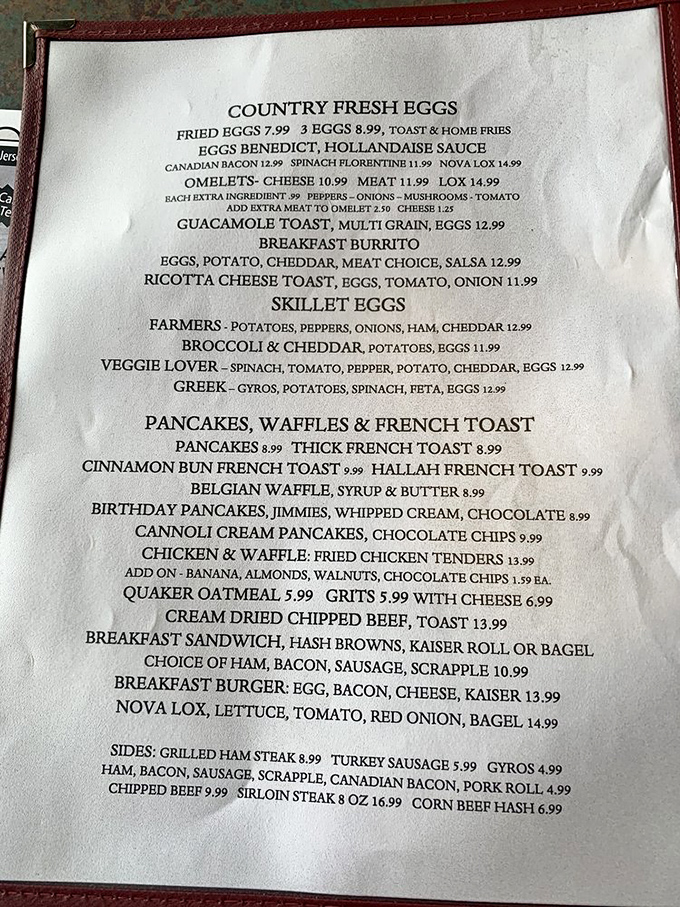 The breakfast menu reads like a love letter to morning indulgence&mdash;where "Birthday Pancakes" exist and cream chipped beef on toast is elevated to an art form.