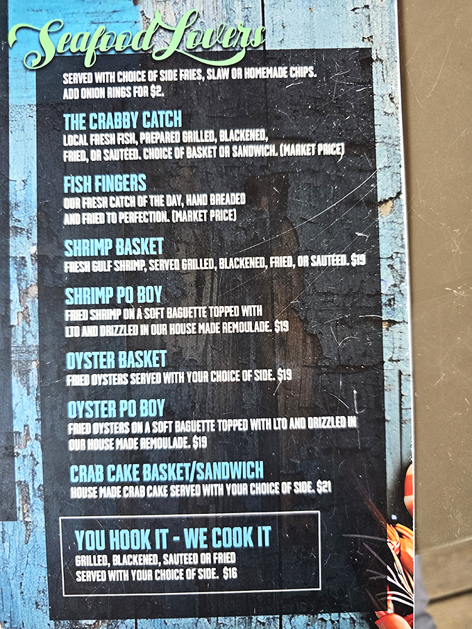 The menu board tells the delicious truth: "You hook it - We cook it." No fancy food dictionary needed when simplicity tastes this good.
