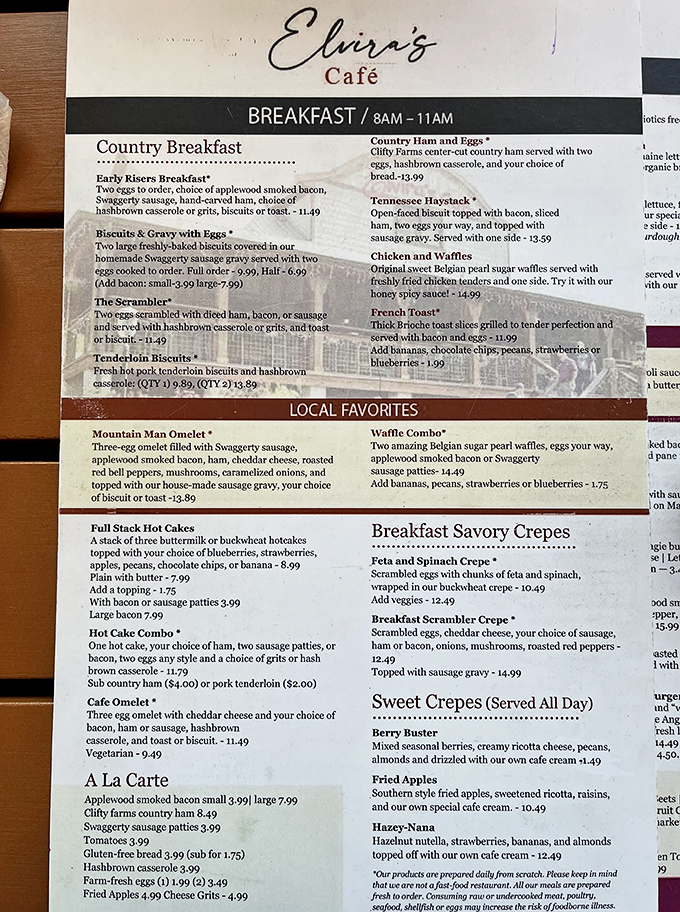 This isn't just a menu&mdash;it's a roadmap to happiness. The "Mountain Man Omelet" isn't merely a breakfast; it's a Tennessee rite of passage.