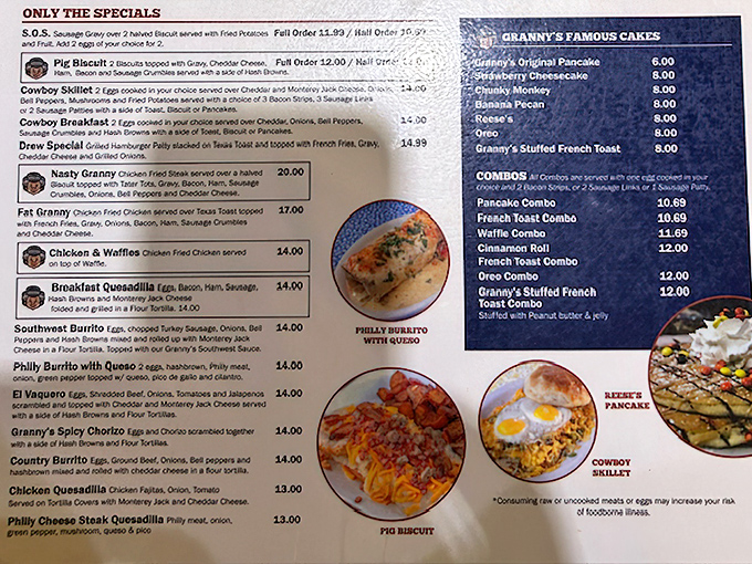 This menu isn't just a list of food—it's a roadmap to happiness with landmarks like the legendary Pig Biscuit and Cowboy Skillet.