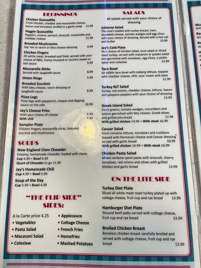 From quesadillas to clam chowder, Jay’s Diner menu blends comfort classics with hearty salads and lighter plates for every craving.