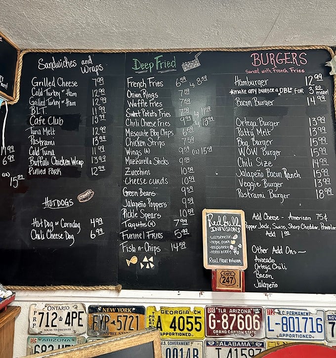 The chalkboard menu reads like a rock &lsquo;n&rsquo; roll setlist&mdash;burgers, fries, and deep-fried encores waiting to play.