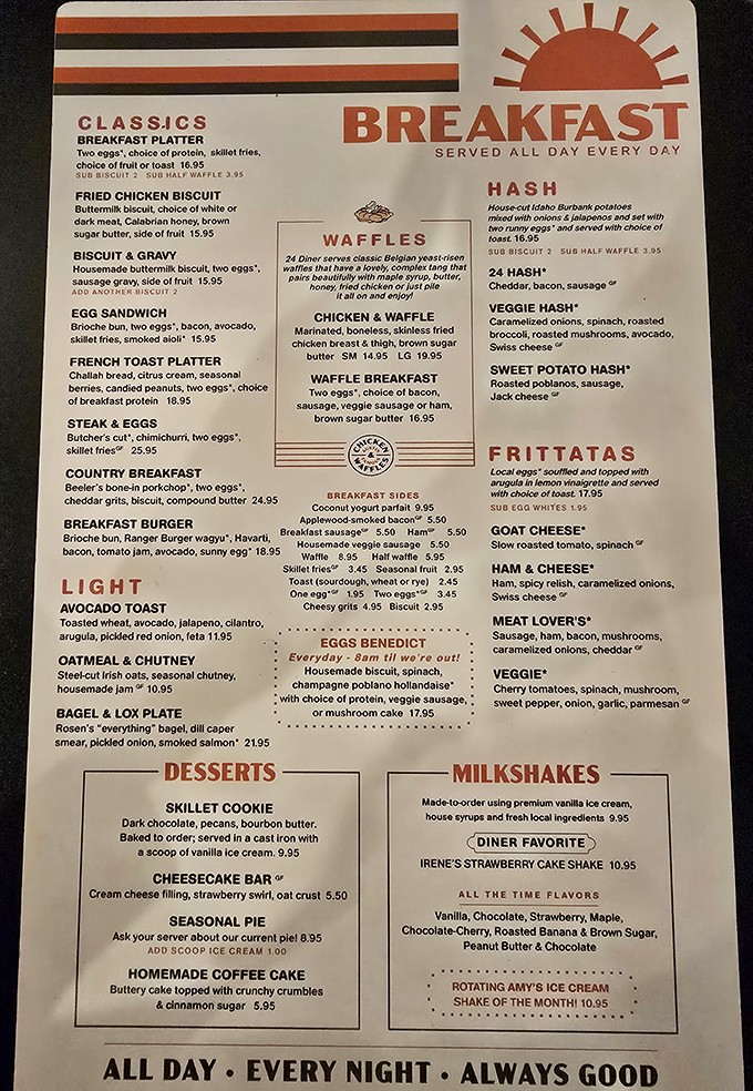 The menu reads like a love letter to comfort food classics. Breakfast all day? That's not just convenience&mdash;that's civilization at its finest.