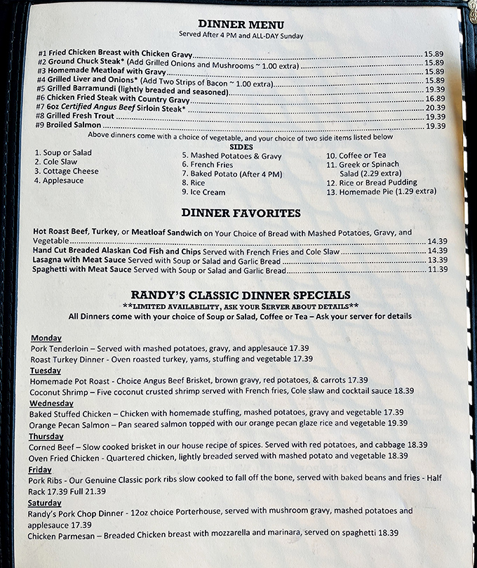 The dinner menu reads like a love letter to American comfort food classics. No molecular gastronomy here&mdash;just the dishes that make you feel like someone's grandma is in the kitchen.