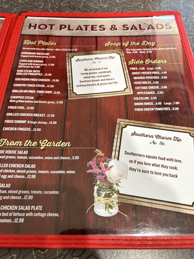 A menu that reads like a love letter to Southern cuisine. That "Southern Charm Tip" isn't lying&mdash;these folks definitely equate food with love.