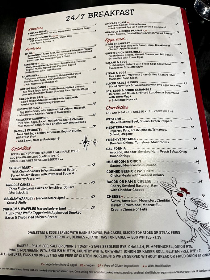 The breakfast menu reads like a love letter to morning indulgence. Those "ten silver dollar" pancakes? They're calling your name.