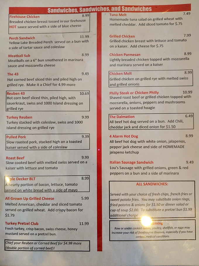 This isn't just a menu – it's a roadmap to happiness. The Firehouse Chicken sandwich and Reuben 43 aren't just named after the place; they define it.