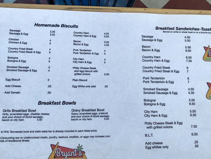 The menu board reads like a love letter to Southern breakfast classics &ndash; homemade biscuits, breakfast bowls, and country ham await.