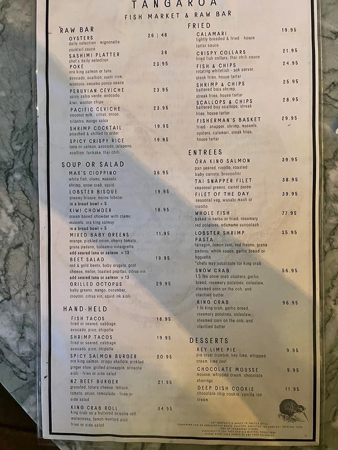 The menu reads like poetry for seafood lovers – from raw bar delicacies to that legendary fish and chips, each option more tempting than the last.