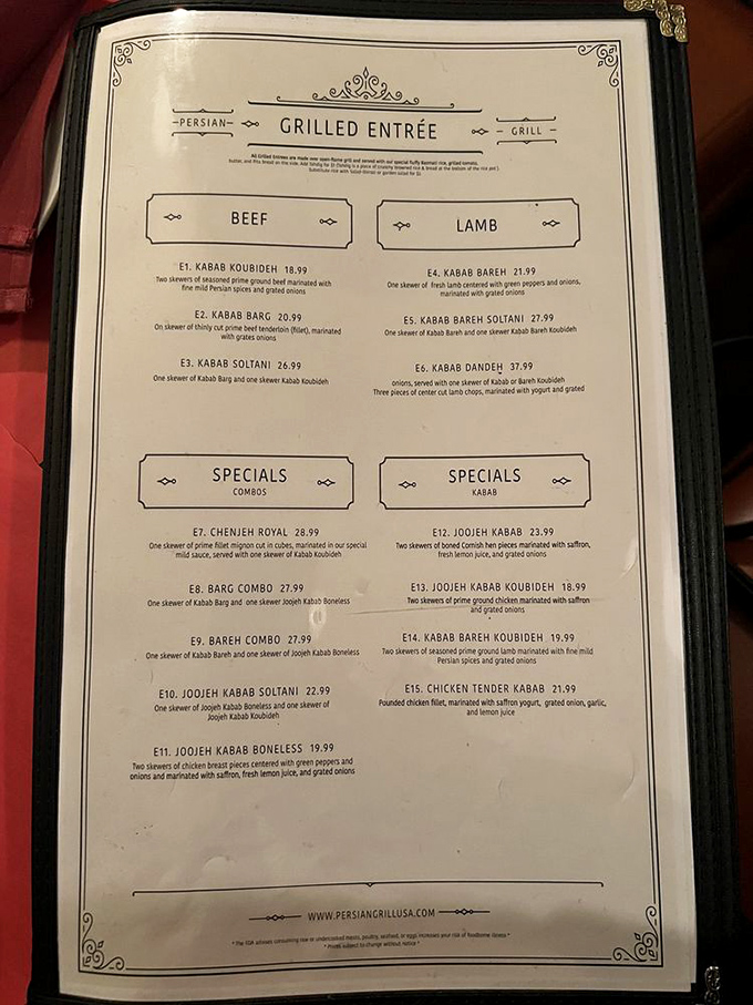 The menu reads like a love letter to Persian cuisine. Each description promises a flavor journey worth taking, with lamb kababs stealing the spotlight.
