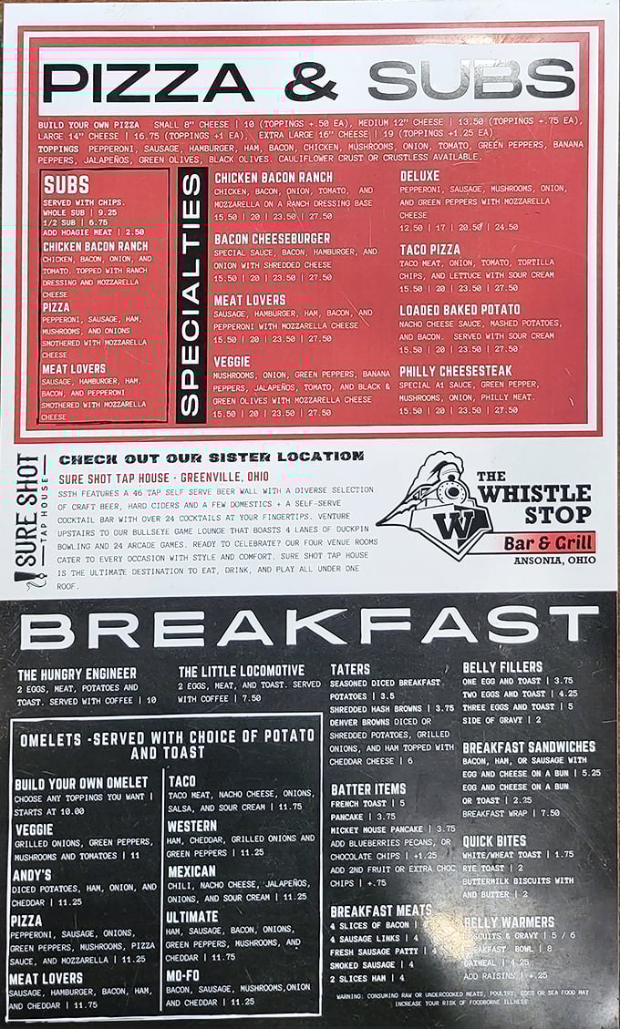 A menu that reads like a love letter to comfort food. The railroad-themed breakfast options alone are worth setting your alarm for.