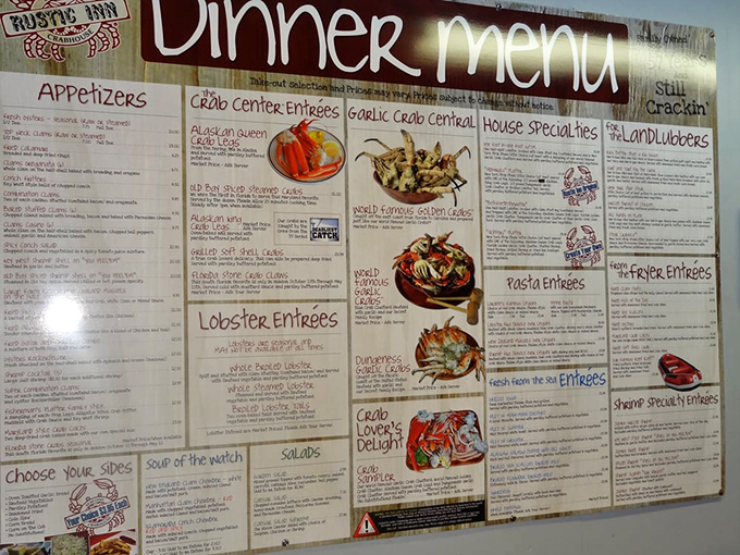 This menu isn't just a list of dishes&mdash;it's a treasure map to seafood nirvana. The "World Famous Garlic Crabs" section is calling your name.