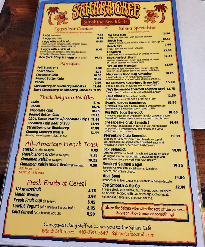 This menu isn't just a list&mdash;it's a roadmap to breakfast nirvana. The "Eggsellent Choices" section alone could keep you returning for weeks.