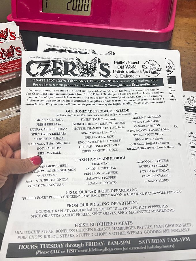 This menu isn't just a list&mdash;it's a passport to Polish culinary heritage. Notice how "Hotter Than Hell" sits casually between breakfast sausage options. 