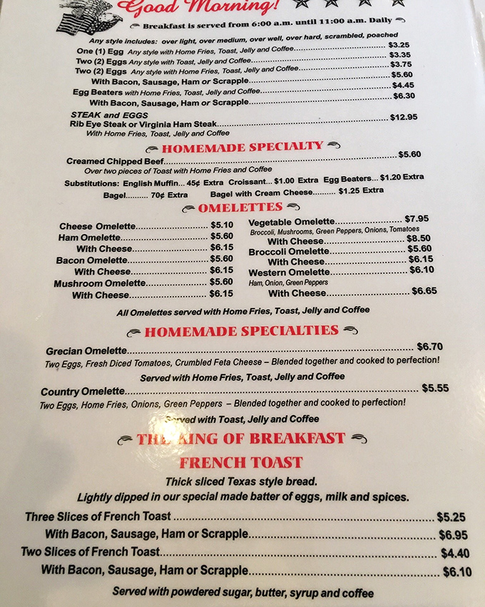 A breakfast menu that reads like comfort food poetry. Those "Homemade Specialties" aren't just words &ndash; they're promises of satisfaction to come.