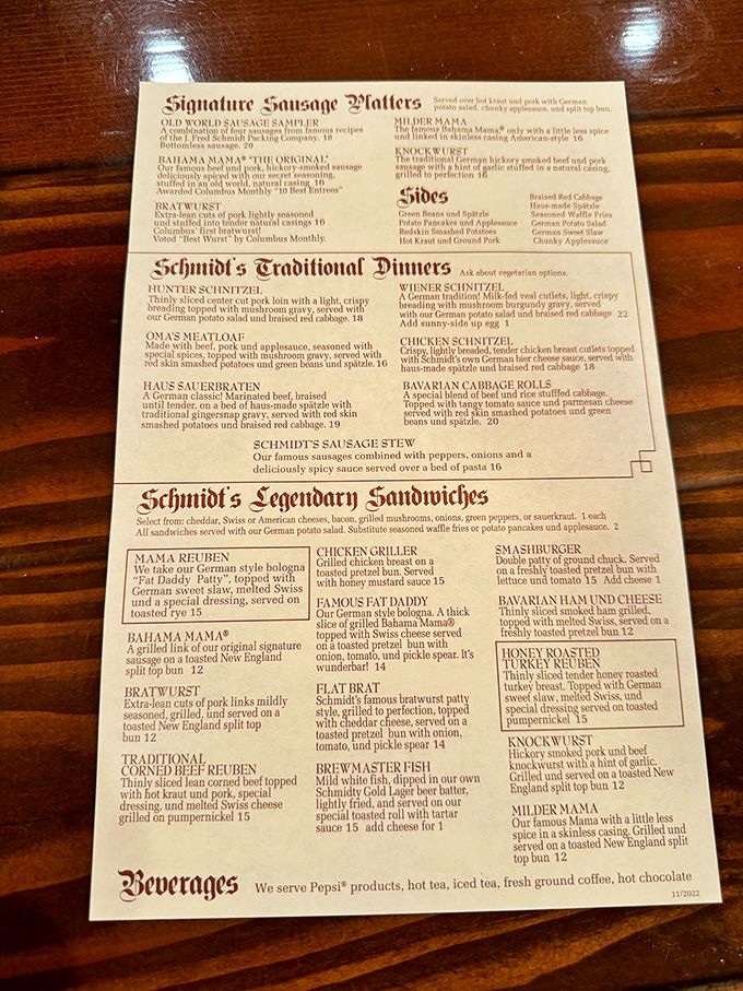 This menu isn't just a list of food&mdash;it's a passport to Bavaria. The Bahama Mama sausage has won awards, which is exactly the validation my appetite needs. 