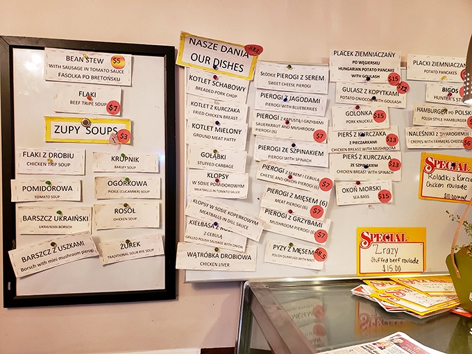 The wall menu reads like a delicious Polish dictionary, with each item promising comfort that transcends language barriers.