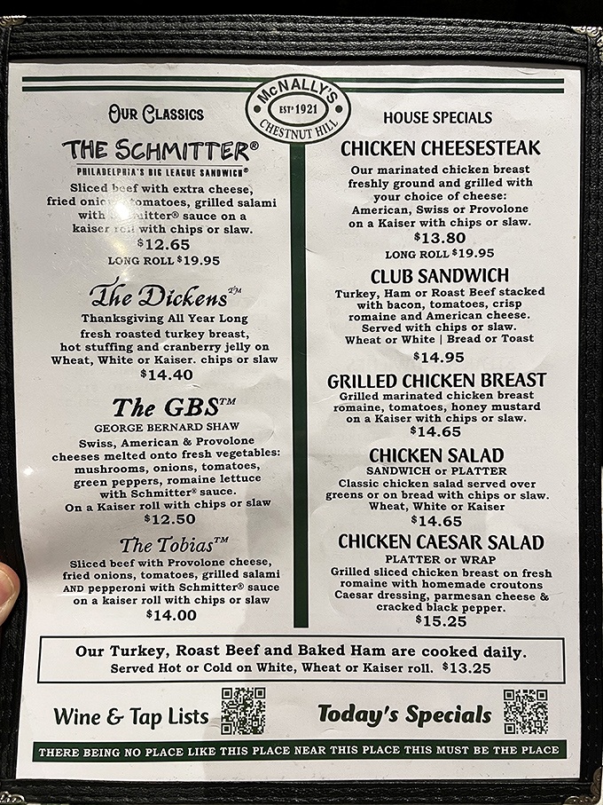 The menu reads like a love letter to sandwich perfection. That tagline at the bottom? Pure Philadelphia philosophy in action. 