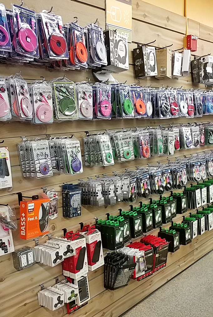 A rainbow wall of phone accessories that would make even your tech-savvy grandkid jealous of your finds.