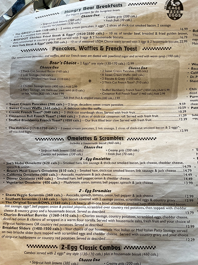 This menu isn't just reading material&mdash;it's a novel of comfort food possibilities. The "Hungry Bear Breakfasts" section alone could feed a hibernating family.