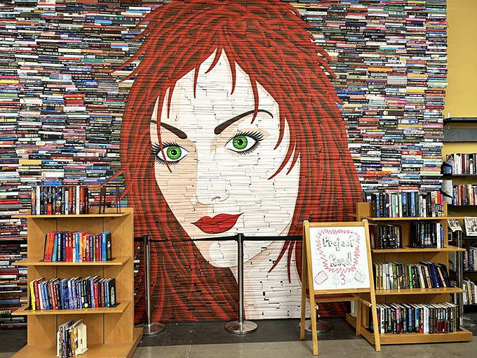 This stunning book mural gives new meaning to "getting lost in a good book." Those emerald eyes have witnessed countless literary treasures changing hands.
