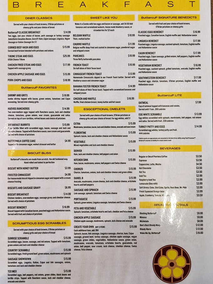Buttercup's menu reads like a love letter to breakfast classics, with enough options to require serious contemplation and possibly a second cup of coffee.