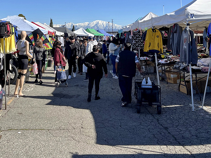 Snow-capped mountains provide a majestic backdrop to this bargain hunter's paradise. Mother Nature showing off while shoppers hunt for deals below.