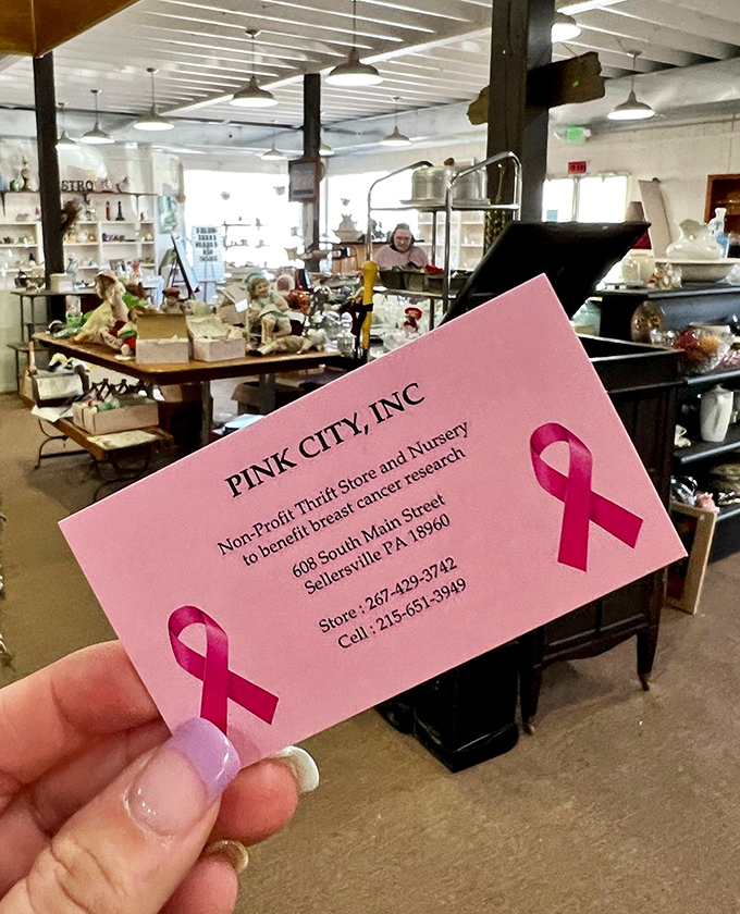That pink business card isn't just contact information&mdash;it's your passport to secondhand paradise and charitable shopping bliss.