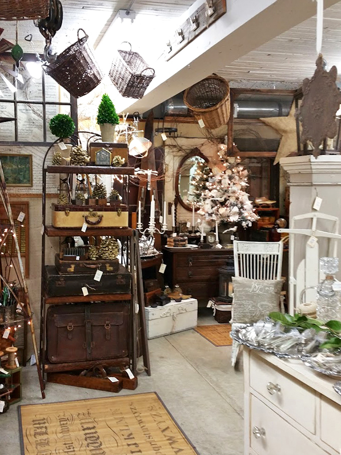 Christmas in July? This vignette proves good design is timeless&mdash;wicker baskets hanging like mistletoe above perfectly staged nostalgia.