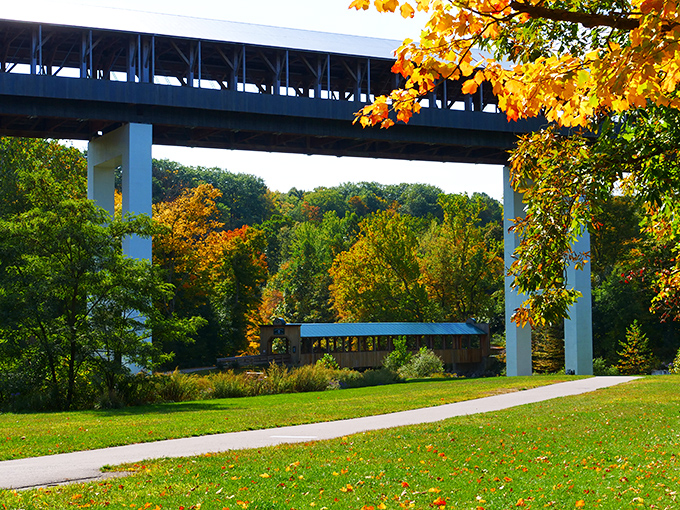 Fall's paintbrush transforms the valley into a masterpiece. The bridge offers front-row seats to nature's greatest show.