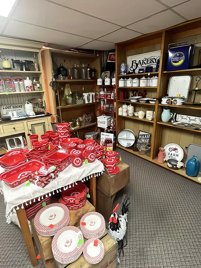 Red and white kitchenware that would make Betty Crocker swoon. Grandma's kitchen never really goes out of style.